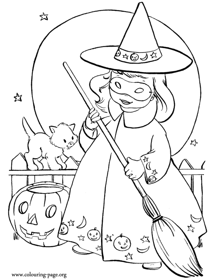 Halloween Little Girl Wearing A Witch Costume For Halloween Coloring Page